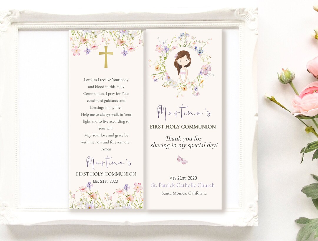 Girl First Communion Bookmark Template, Wildflower Holy Communion ...