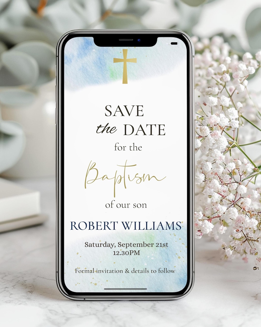 Blue Watercolor Baptism Save the Date, Mobile Invitation BWB - Etsy