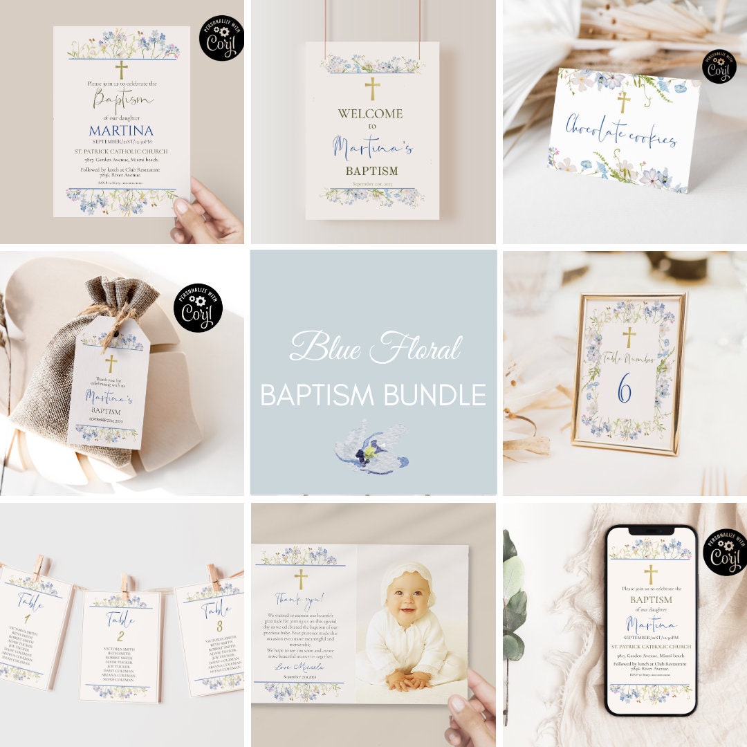 Blue Floral Baptism Invitation Bundle: Editable Christening Set ...