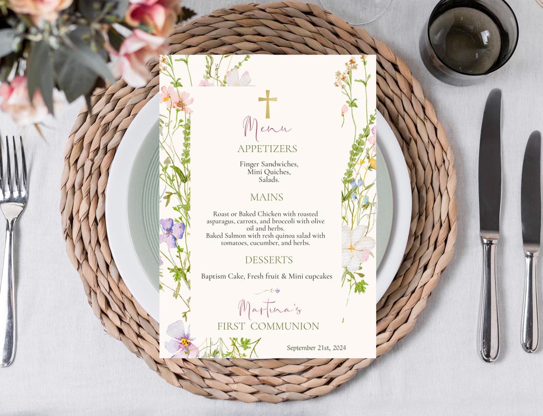 Wildflower First Holy Communion Menu Editable, Floral First Communion ...