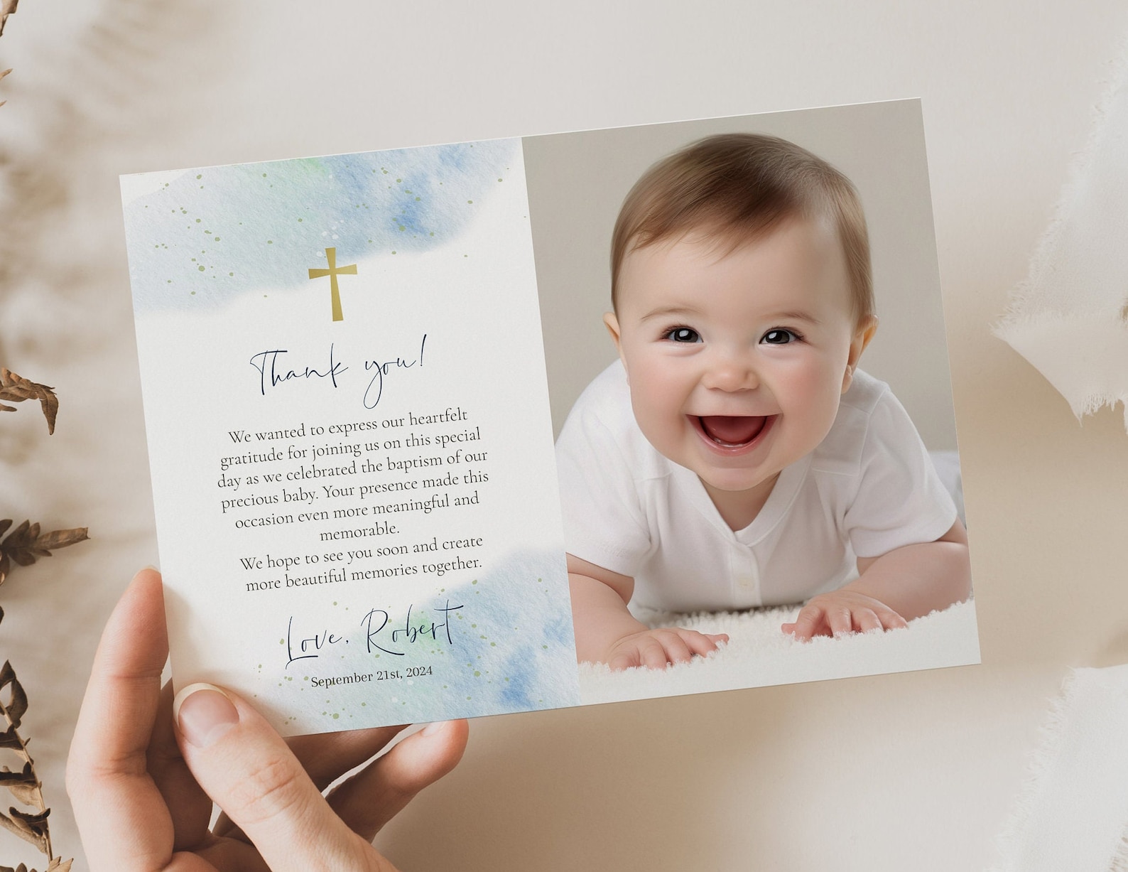 Blue Watercolor Baptism Photo Thank You Card Template, Editable Modern ...
