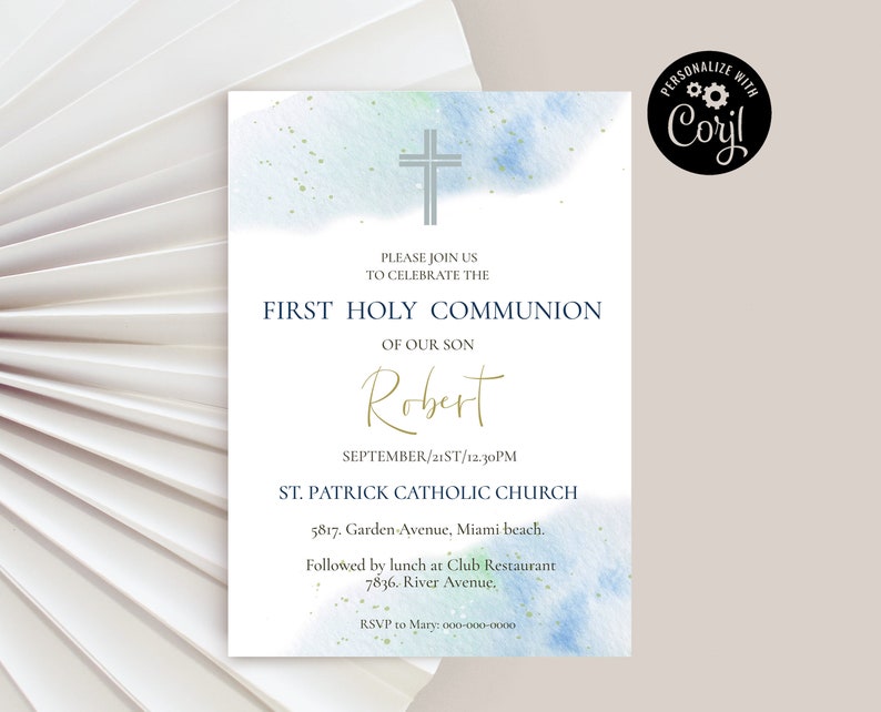 Blue Watercolor First Holy Communion Invitation, Editable Modern Blue ...