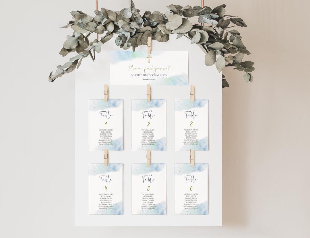 Editable Modern First Communion Seating Chart Cards Template, Blue ...