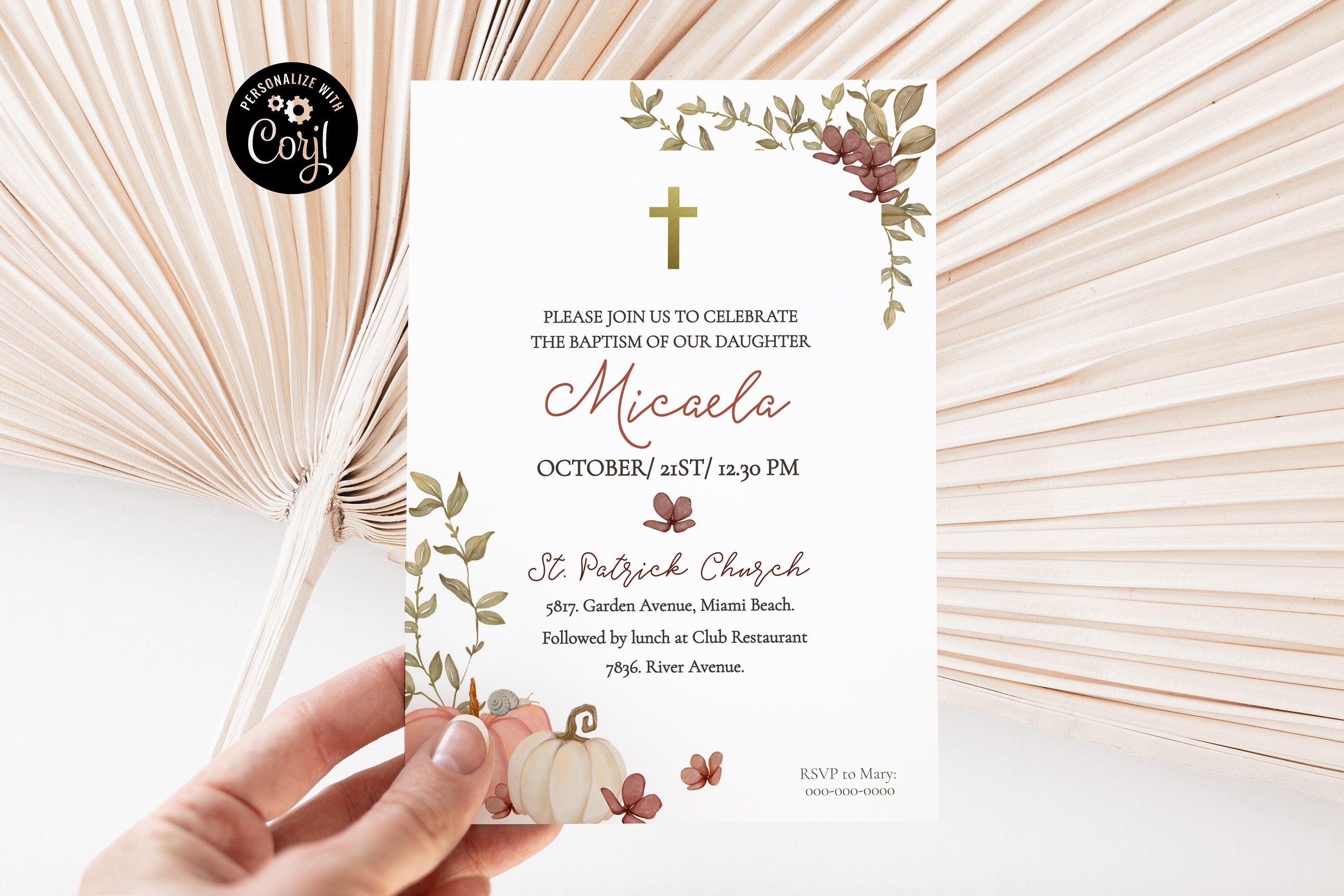 Editable Pumpkin Fall Baptism Invitation, Autumn Baptism Invite for ...