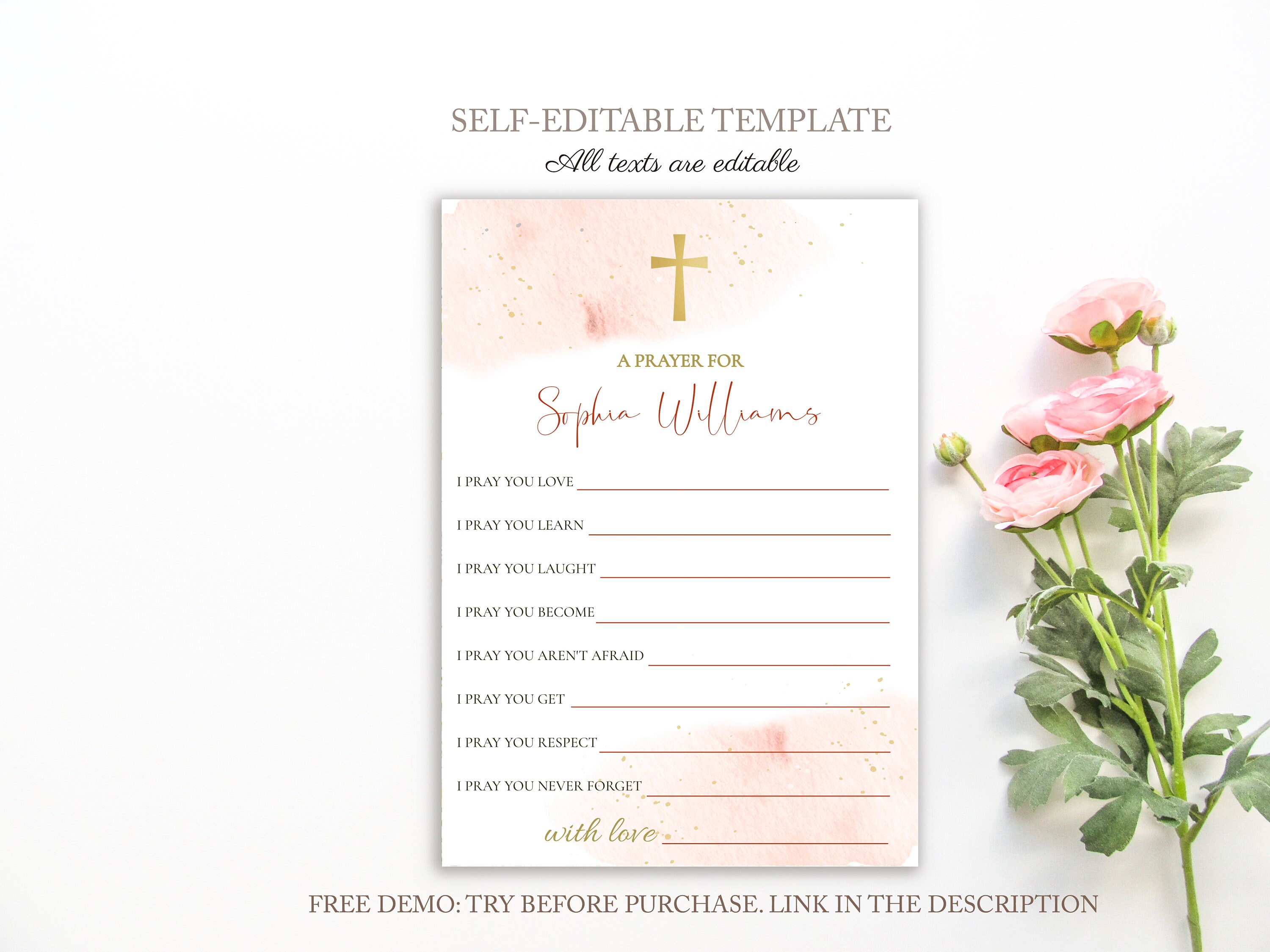Pink Watercolor Baptism Prayer Card Template (digital Download) - Etsy
