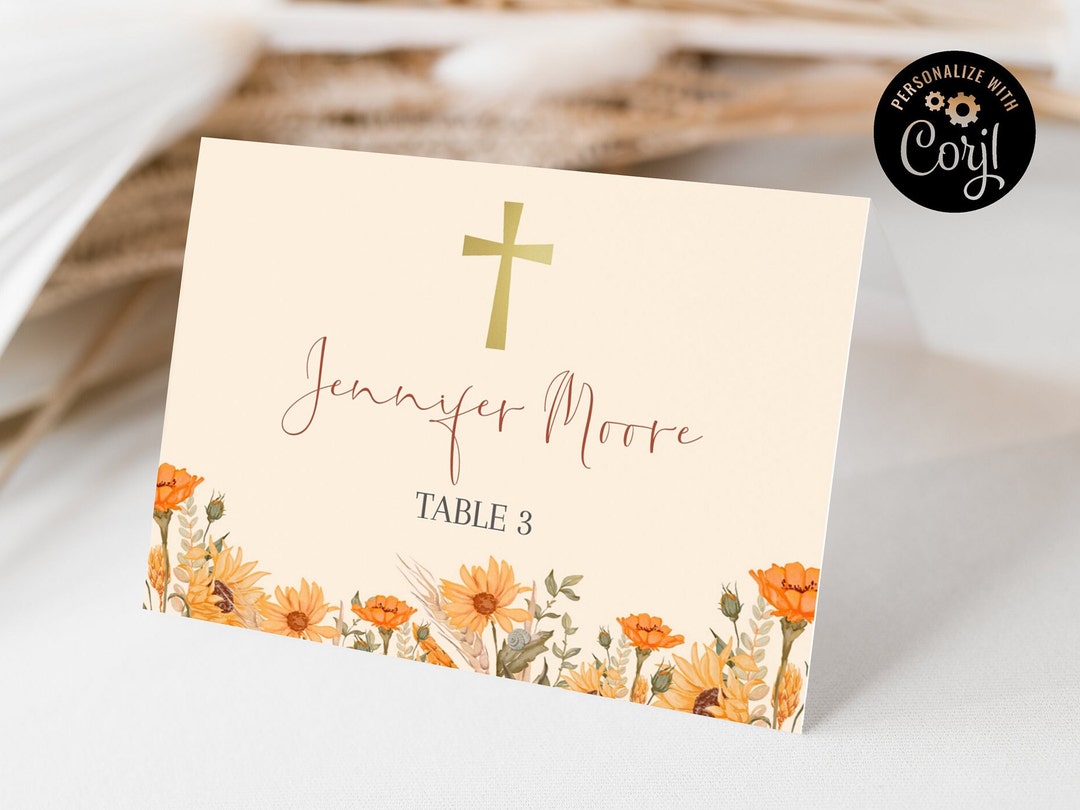 Editable Sunflower Place Cards Template, Autumn Baptism Table Name Card ...