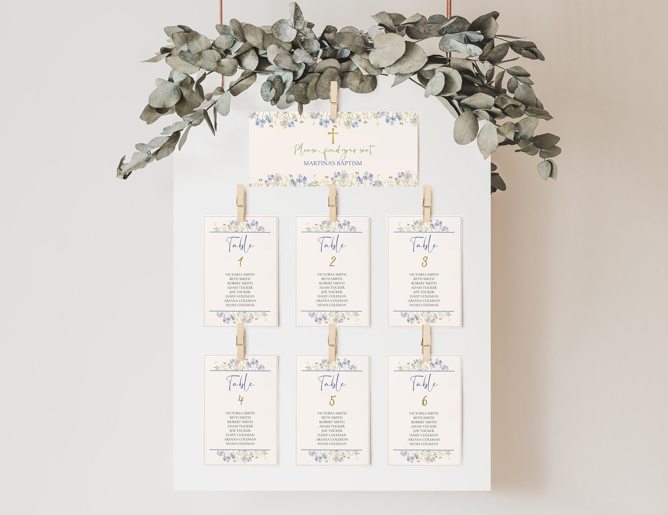 Editable Blue Floral Baptism Place Cards, Wildflower Christening Table ...