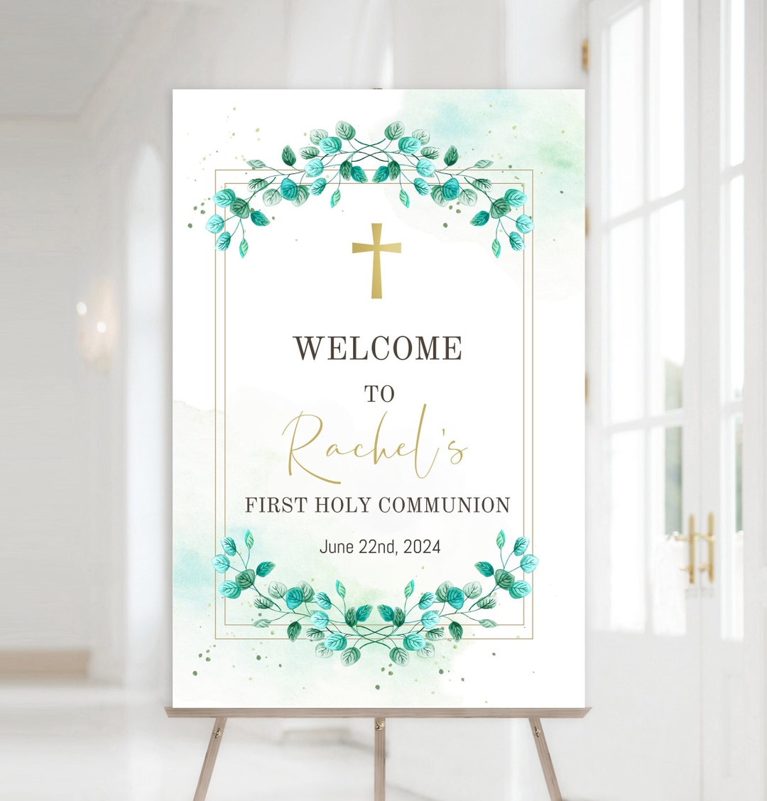 Greenery Holy Communion Welcome Sign Template, Green Leaves Editable ...