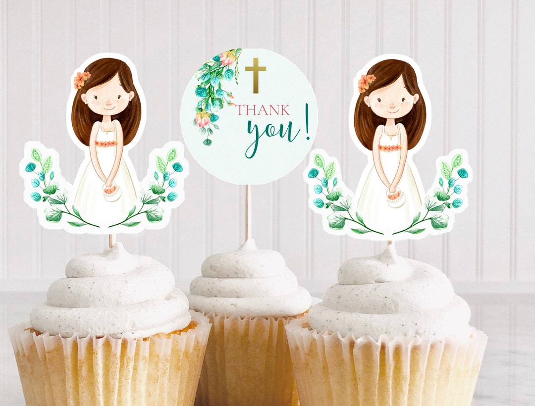Printable First Communion Cupcake Toppers for Girl, Blue Floral ...