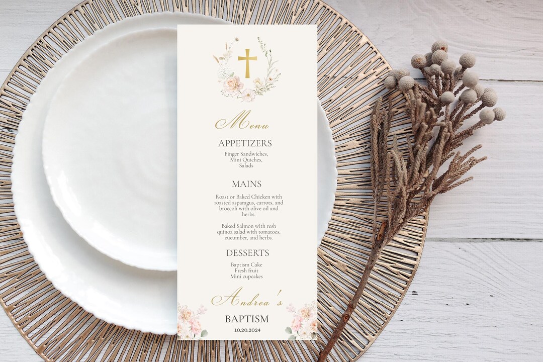 Elegant Floral Baptism Menu Template, Editable Christening Menu Card ...