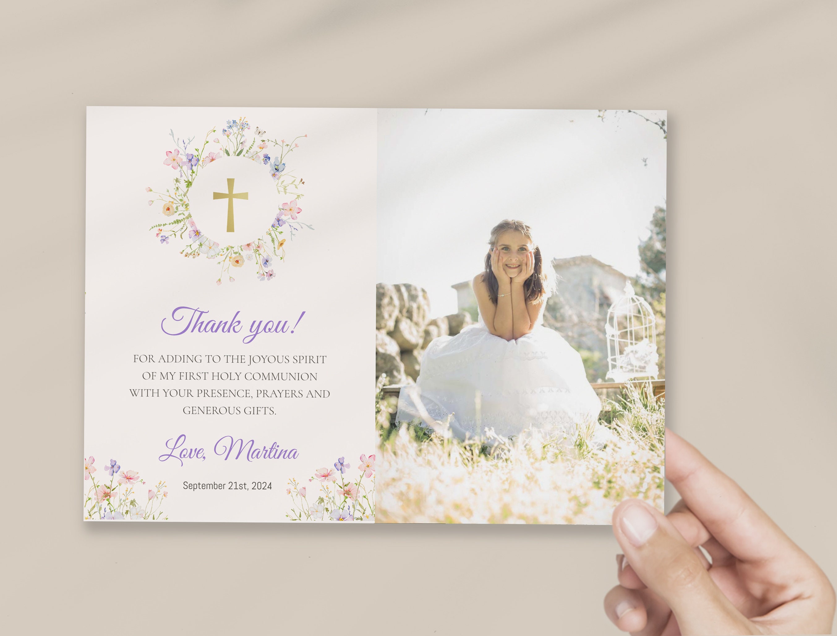 Girl First Communion Thank You Card With Photo, Holy Communion Photo ...