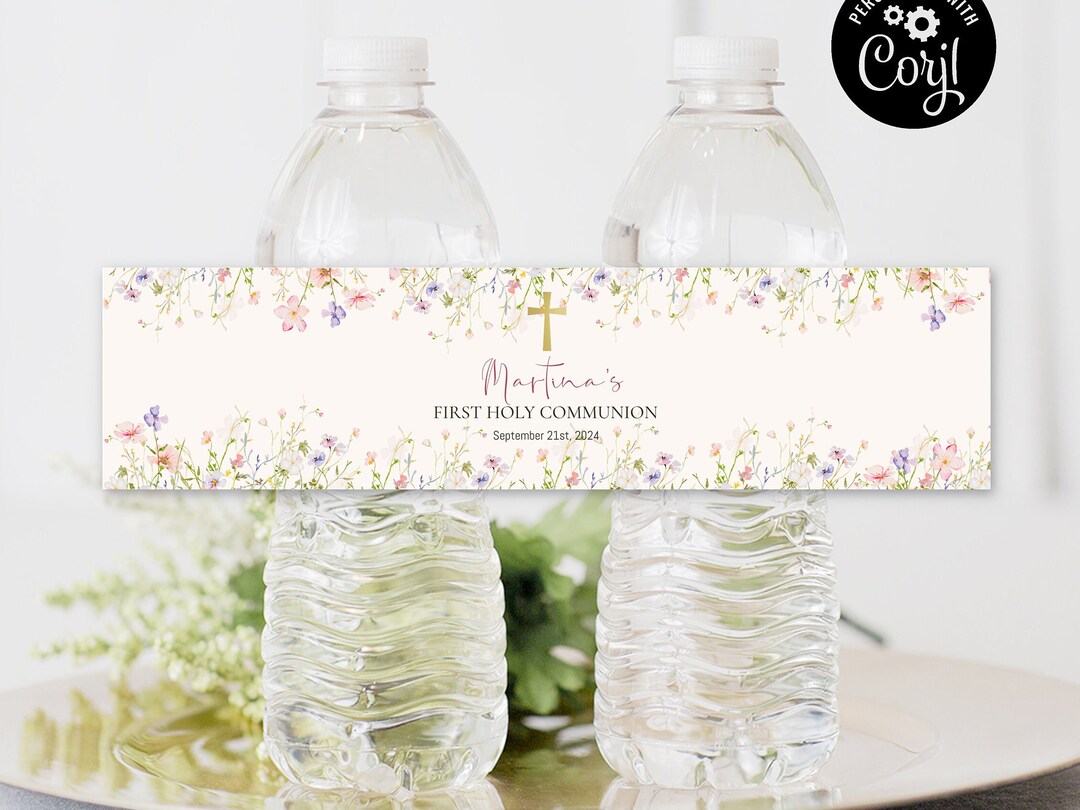 Wildflower Communion Water Bottle Label Template, Girl First Communion ...