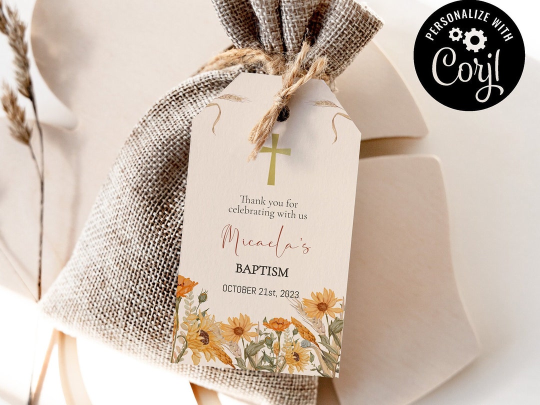 Editable Sunflower Baptism Thank You Tags, Autumn Baptism Favor Labels ...
