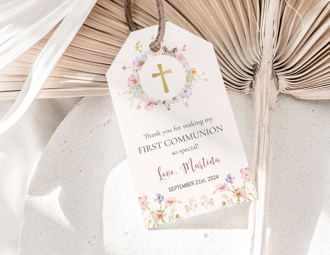 Wildflower First Communion Favor Tags, Holy Communion Gift Tag Template ...