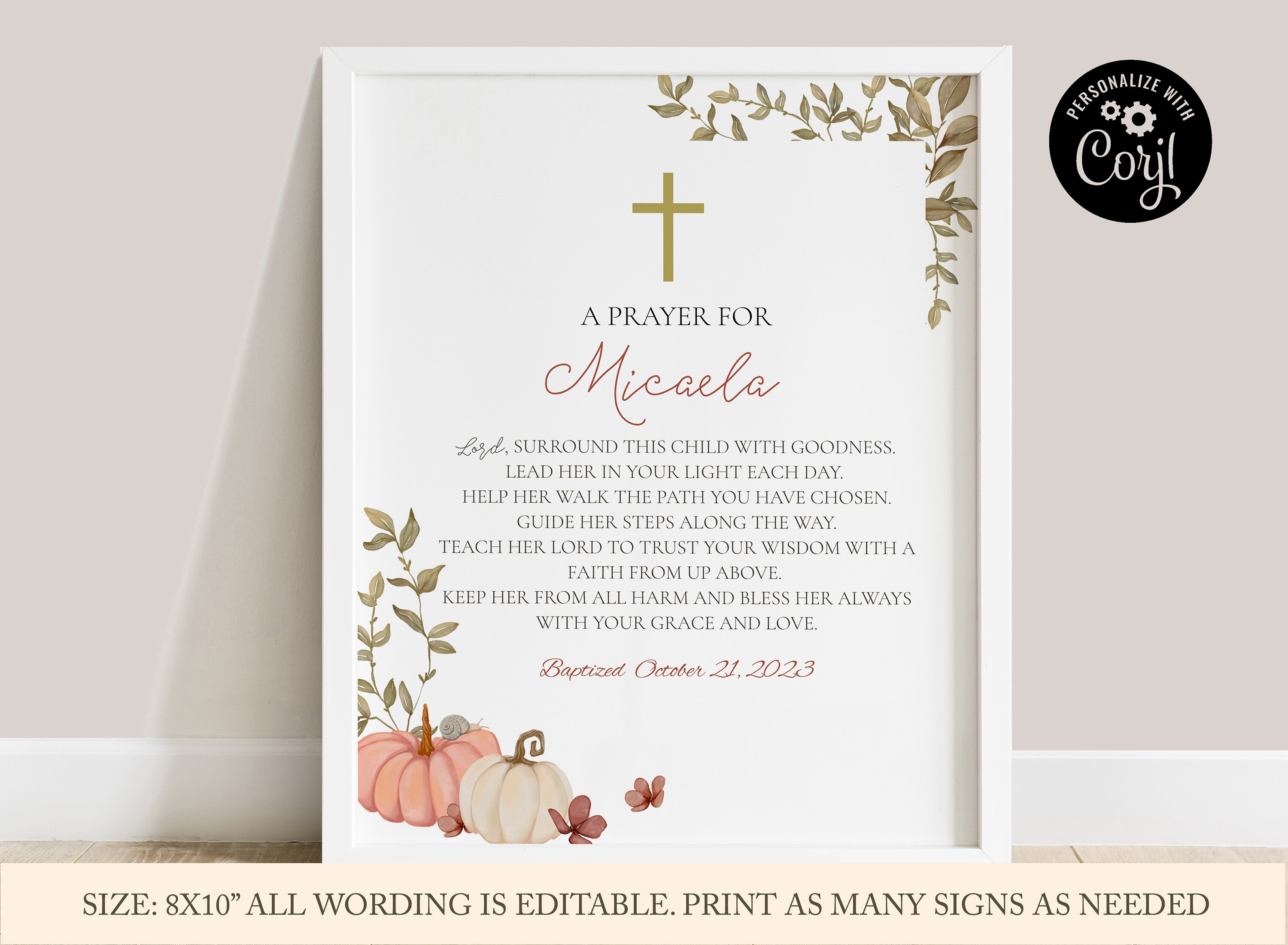 Fall Christening Prayer Sign Template, Editable Autumn Floral Baptism ...