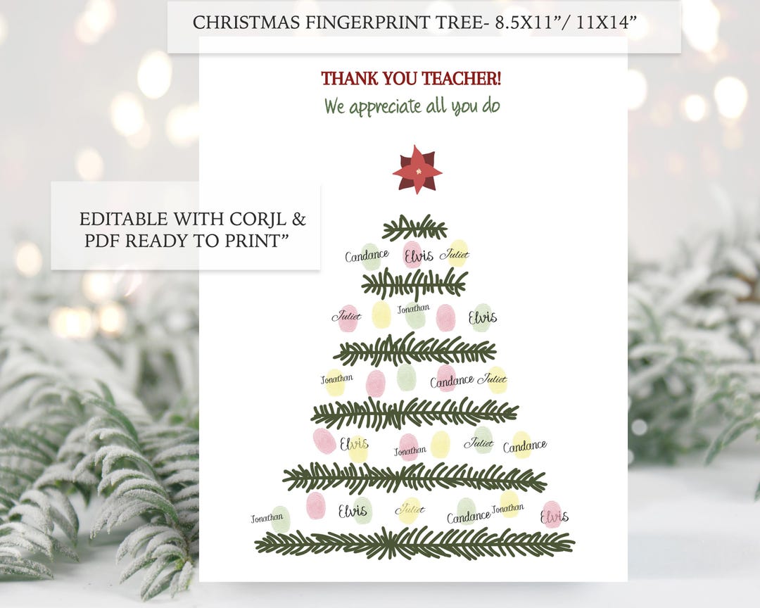 Christmas Teacher Fingerprint Tree Poster: Holiday Thank You Gift ...