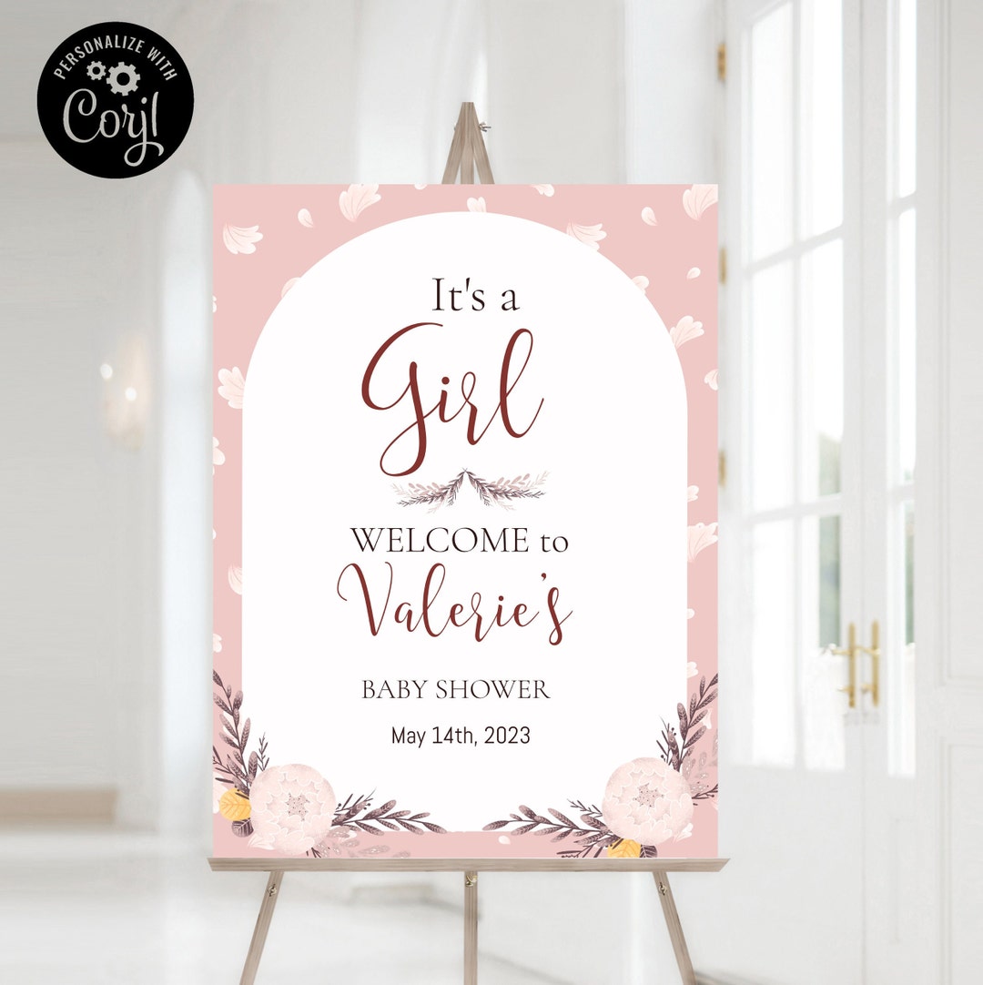 Pink Baby Shower Welcome Sign for Girl Editable, Cute Floral Welcome ...