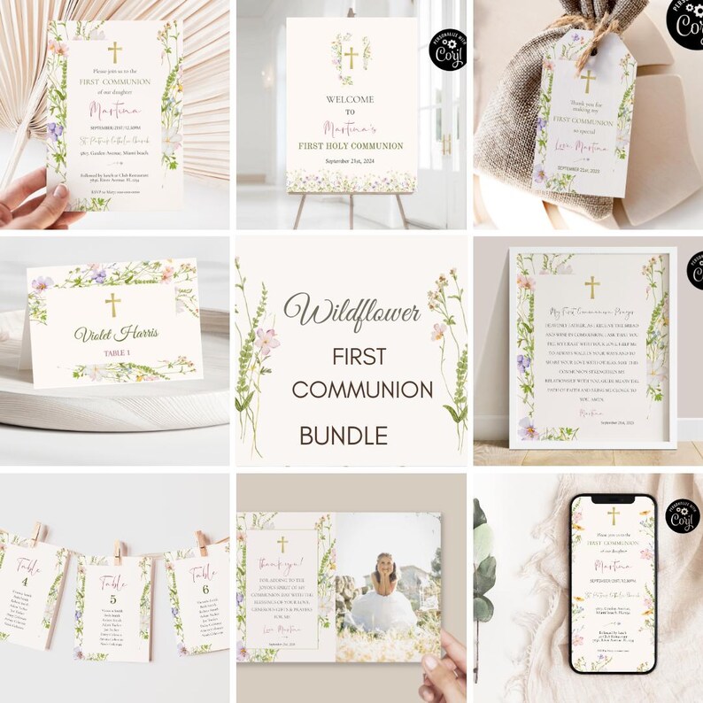 Editable Floral Holy Communion Invitation Bundle, Wildflower First ...