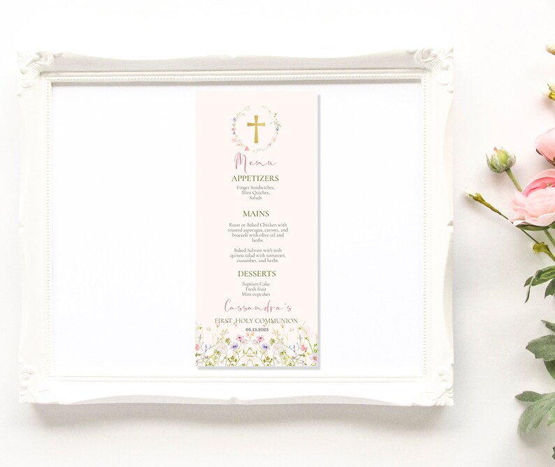 Floral First Communion Menu Template, Wildflower Communion Menu ...
