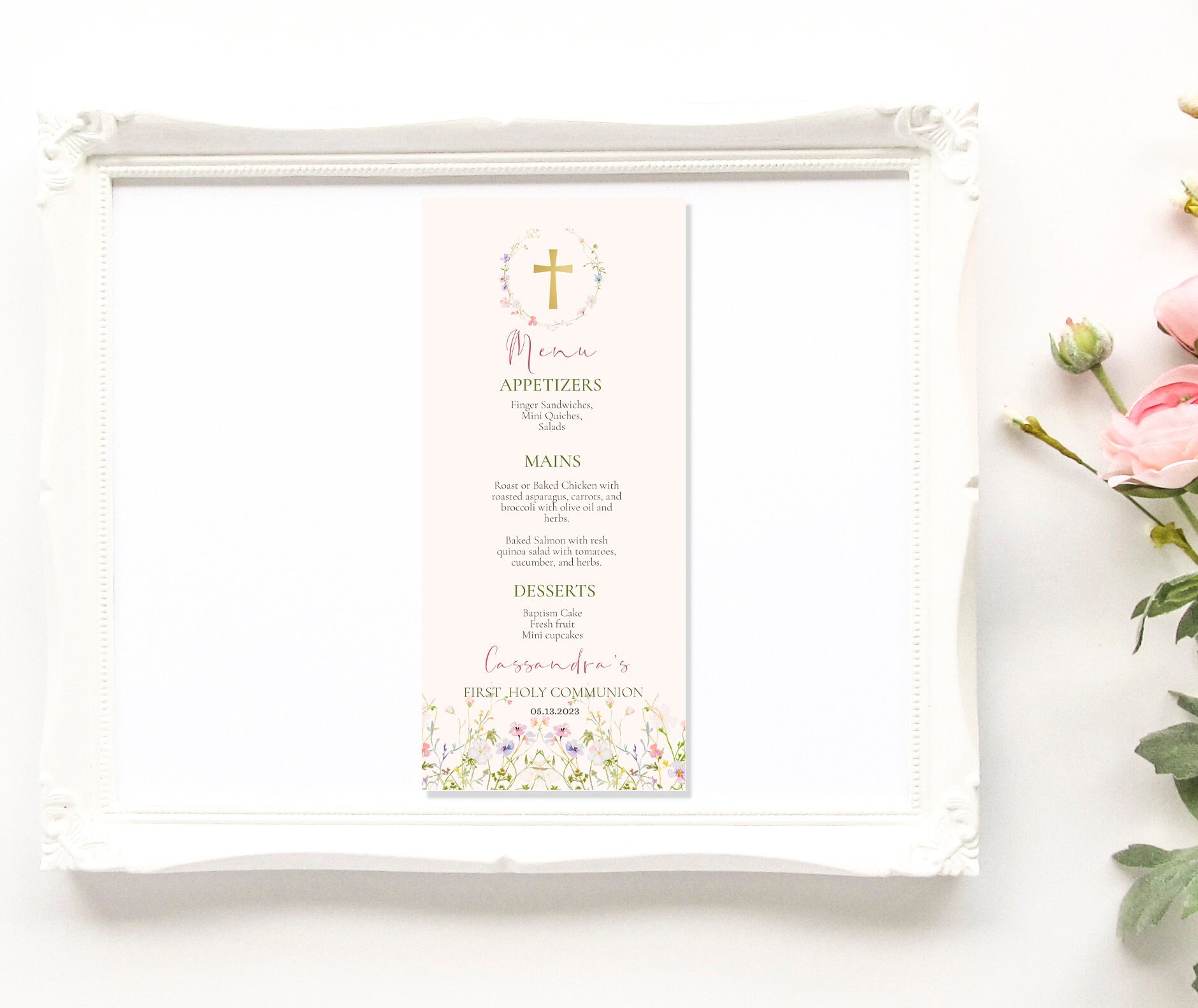 Floral First Communion Menu Template, Wildflower Communion Menu ...