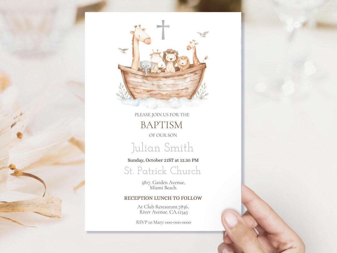 Watercolor Noah's Ark Baptism Invitation: Editable Christening Invite ...