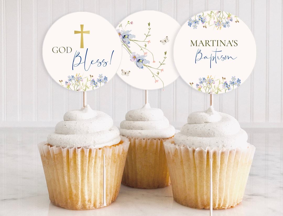 Blue Floral Baptism Cupcake Toppers, Wildflower Religious Cupcake ...