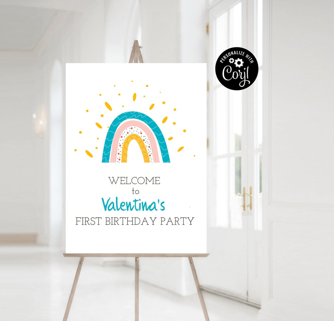 Rainbow First Birthday Welcome Sign, Rainbow Party Welcome Poster ...