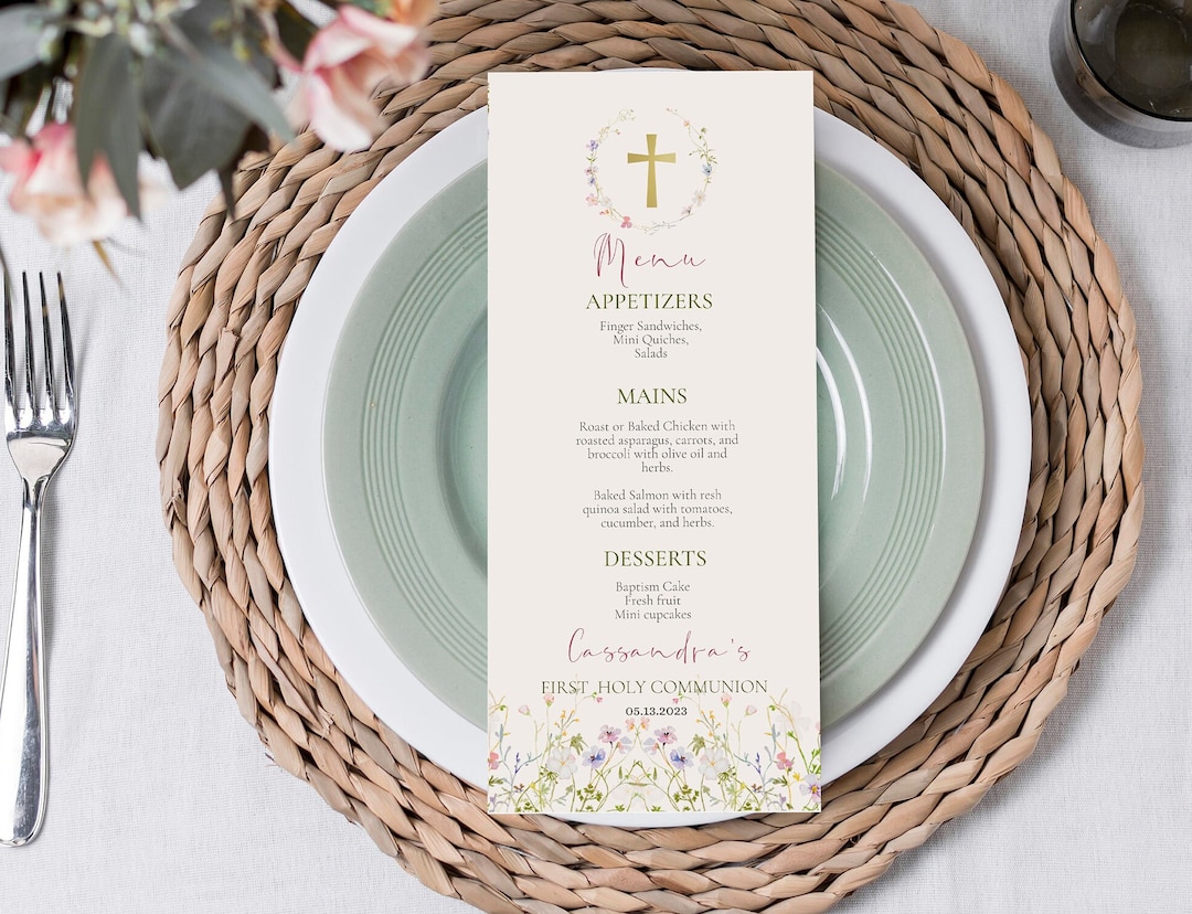 Floral First Communion Menu Template, Wildflower Communion Menu ...