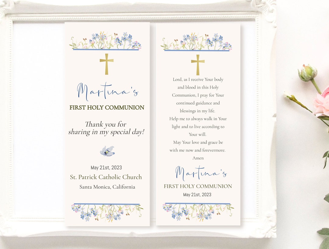 Holy Communion Bookmark Editable, Printable Floral Communion Keepsake ...