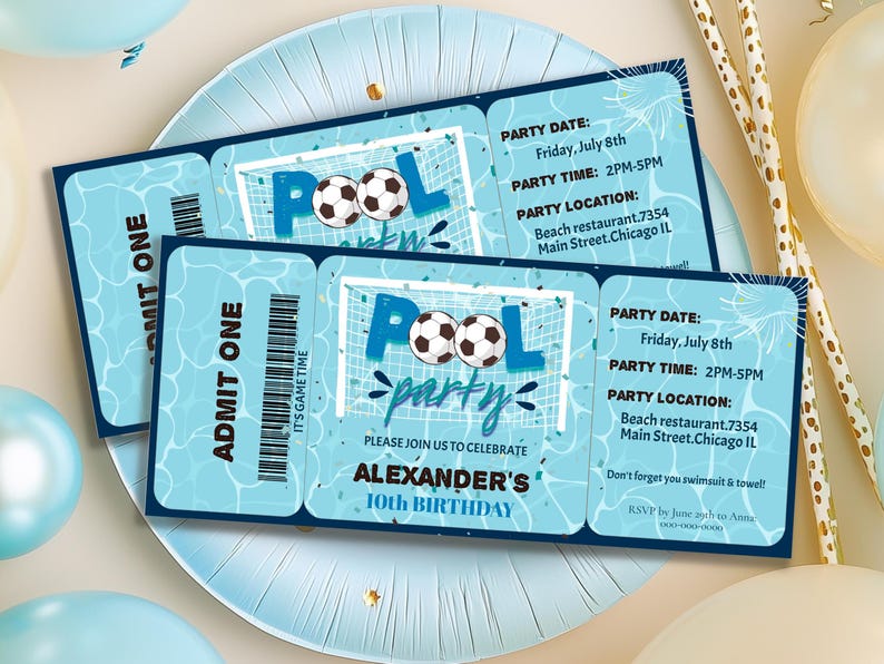 Soccer Pool Birthday Ticket Invitation, Swimming Pool Party Ticket ...