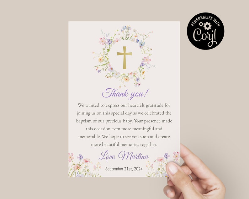 Floral Baptism Thank You Card Template, Floral Wreath Christening Thank ...