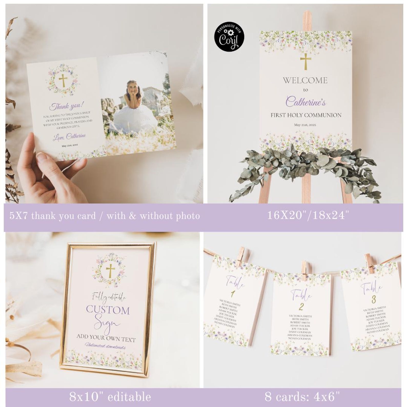 Wildflower First Holy Communion Welcome Sign, Delicate Floral Editable ...
