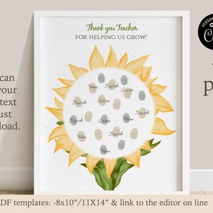 Sunflower Teacher Appreciation Fingerprint Art Printable, Thank You ...