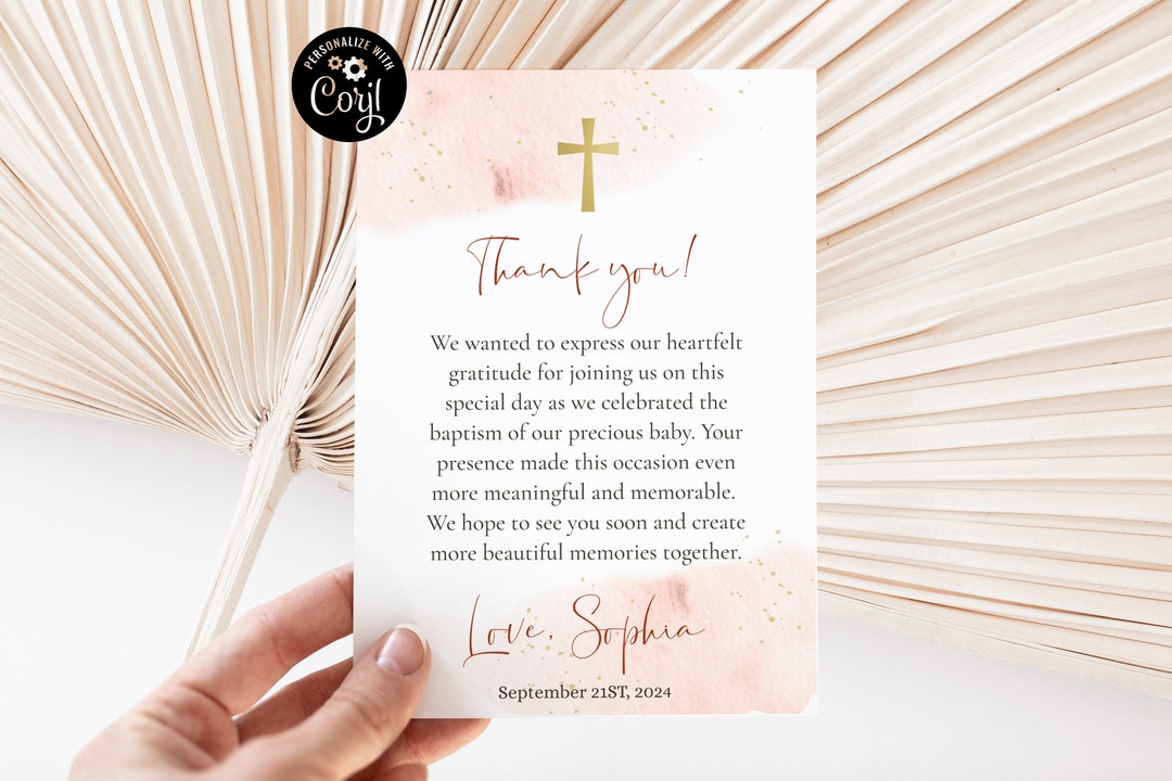 Pink Watercolor Baptism Thank You Card Template (digital) - Etsy