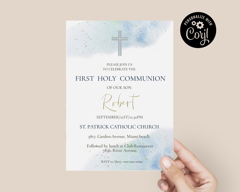 Blue Watercolor First Holy Communion Invitation, Editable Modern Blue ...