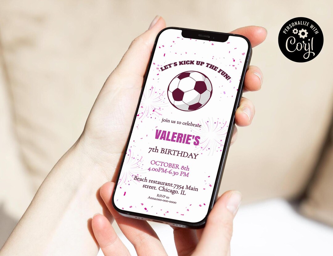 Editable Girl Soccer Party Electronic Invitation, Pink Soccer Birthday ...