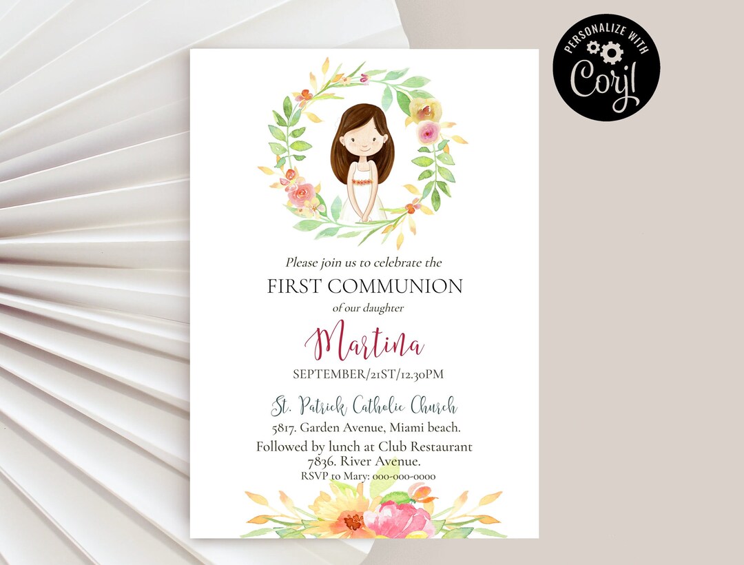 Girl First Holy Communion Invitation, Editable Wildflower Communion ...
