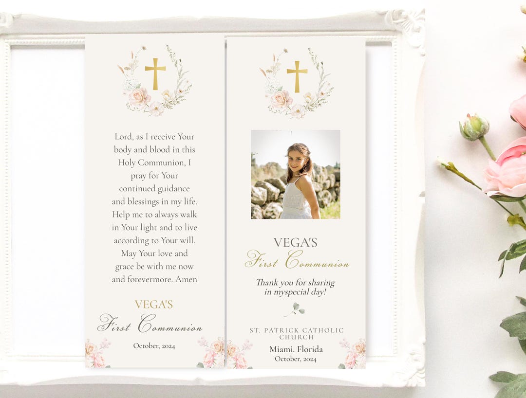 Pink Roses First Communion Bookmark Template, Editable Elegant Holy ...