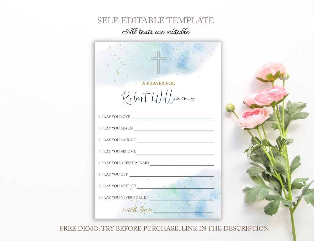 Blue Watercolor Baptism Prayer Card, Editable Prayers for Baby Card ...