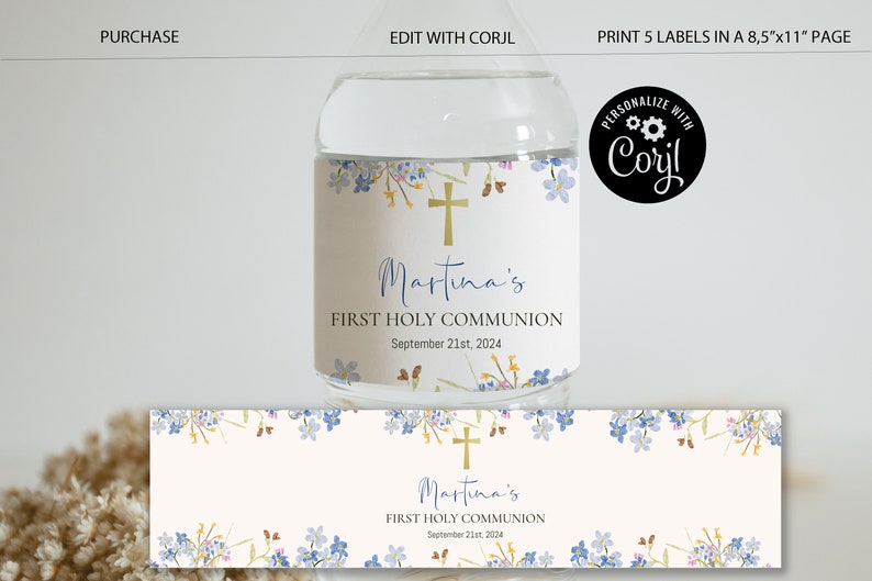 Editable First Communion Water Bottle Labels: Floral Decor (digital ...