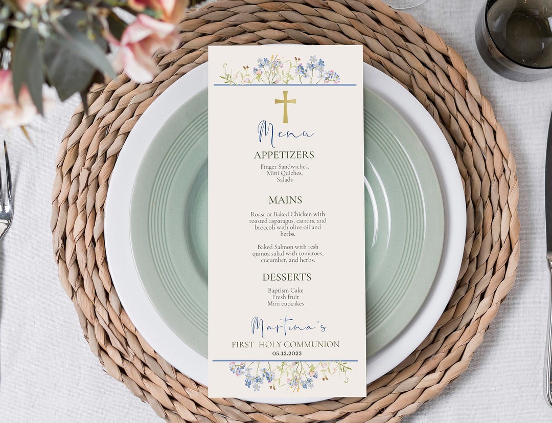 Wildflower First Communion Menu Editable, Blue Floral Holy Communion ...