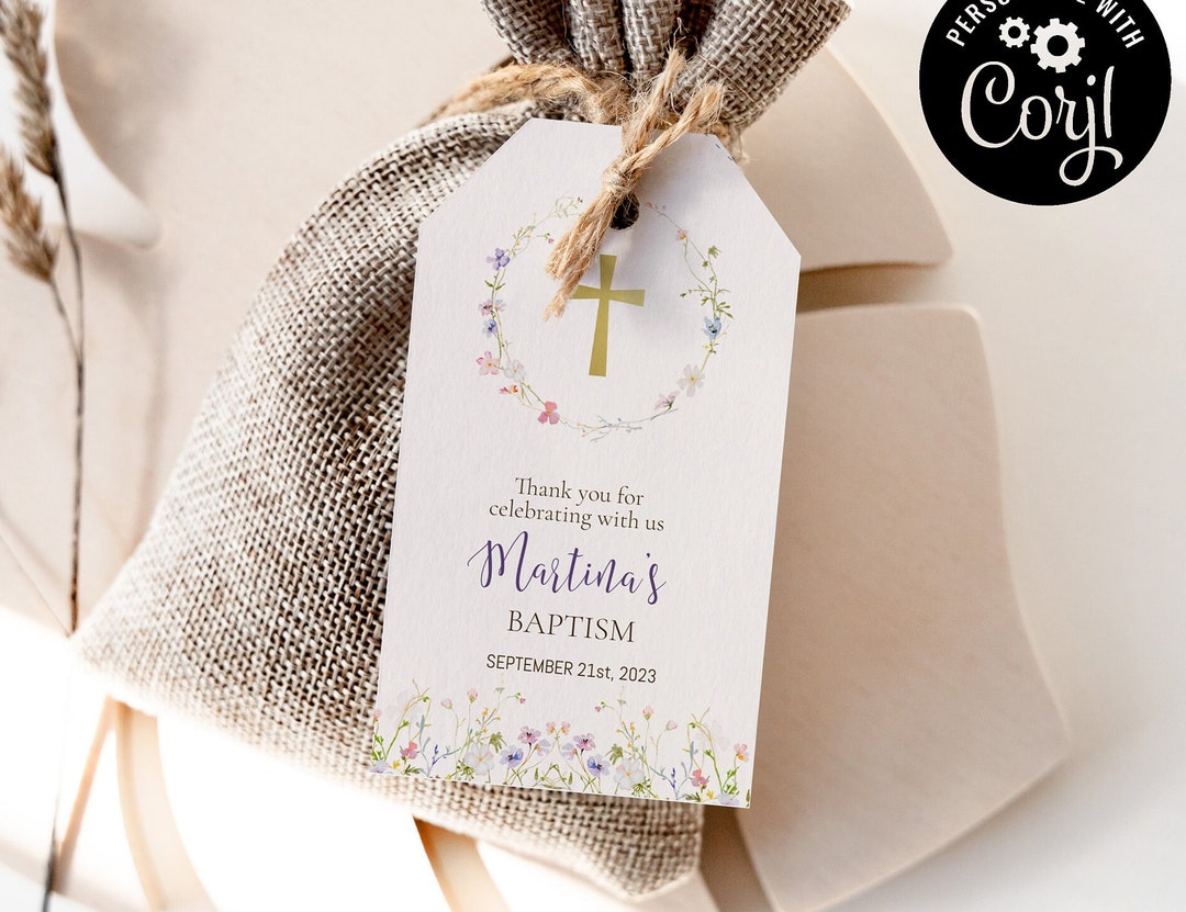 Editable Wildflower Baptism Guest Gift Tags, Floral Christening Favor ...