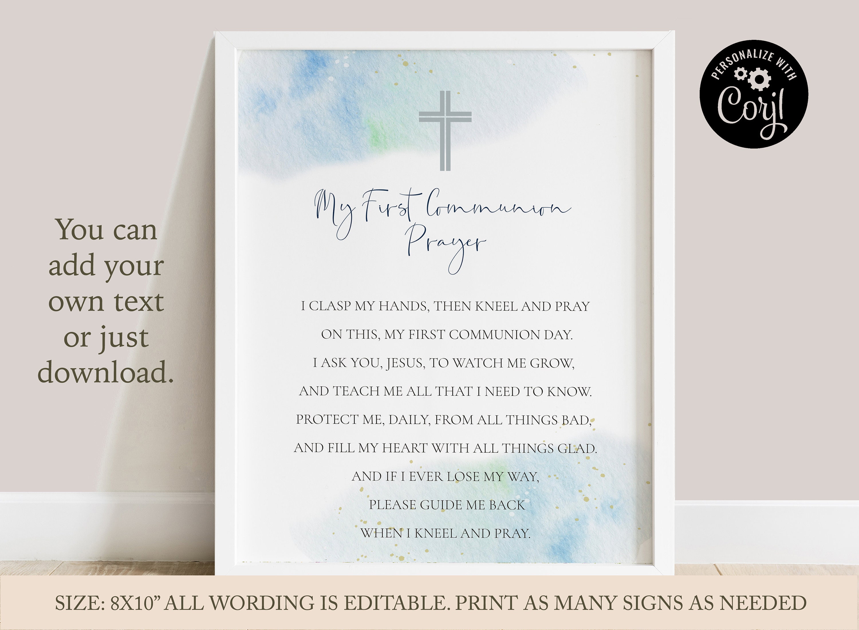 First Communion Prayer Sign Template, Blue Watercolor Holy Communion ...