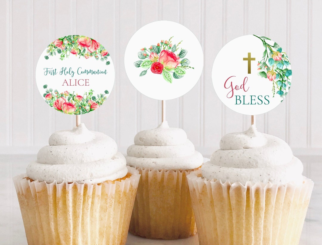 Printable First Communion Cupcake Toppers, Editable Floral First Holy ...