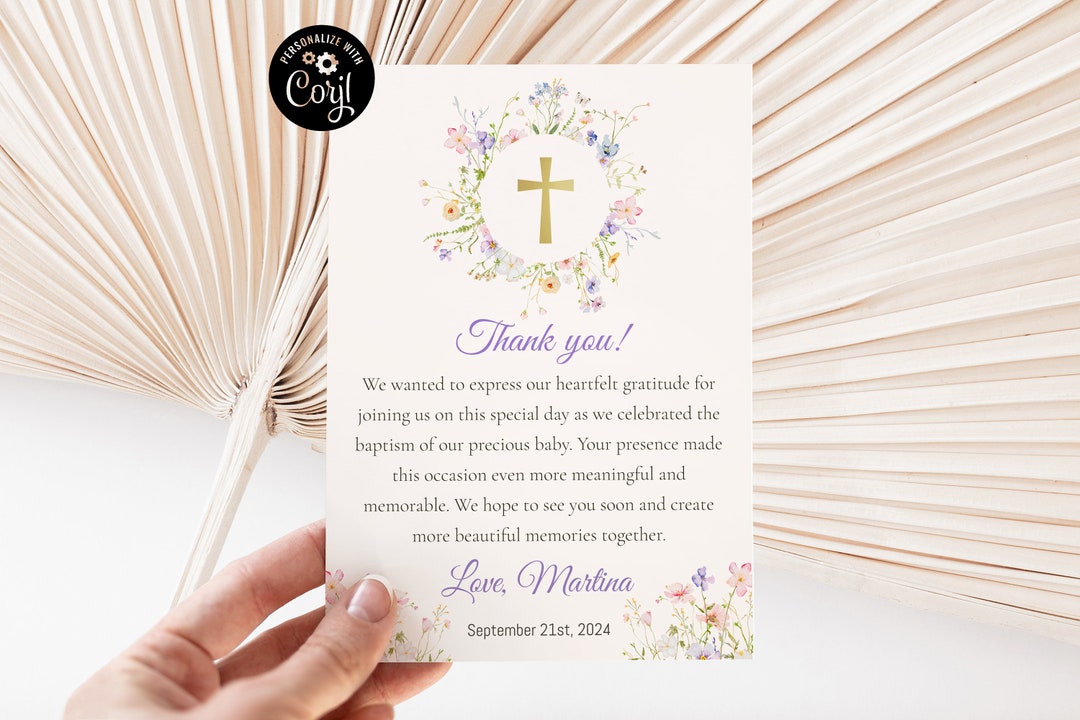 Floral Baptism Thank You Card Template, Floral Wreath Christening Thank ...