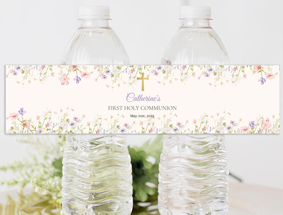 Editable Floral Holy Communion Water Bottle Label, Wildflower First ...