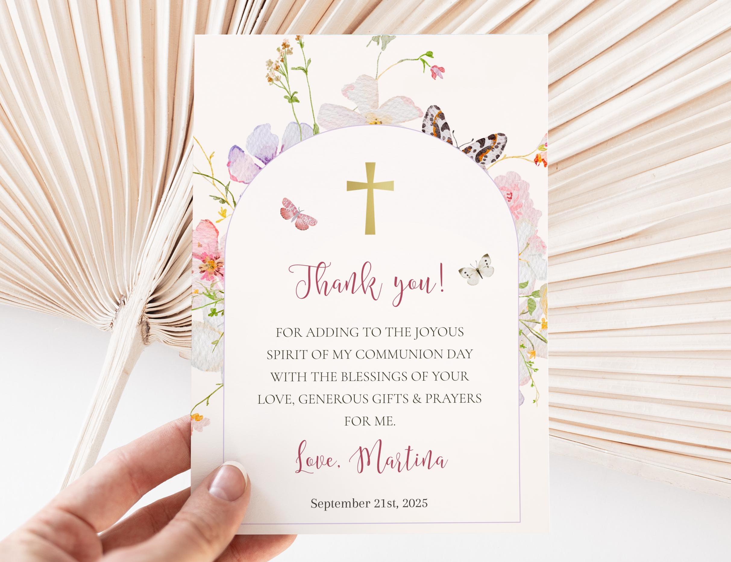 1st Communion Thank You Card for Girl, Wildflower First Communion Thank ...