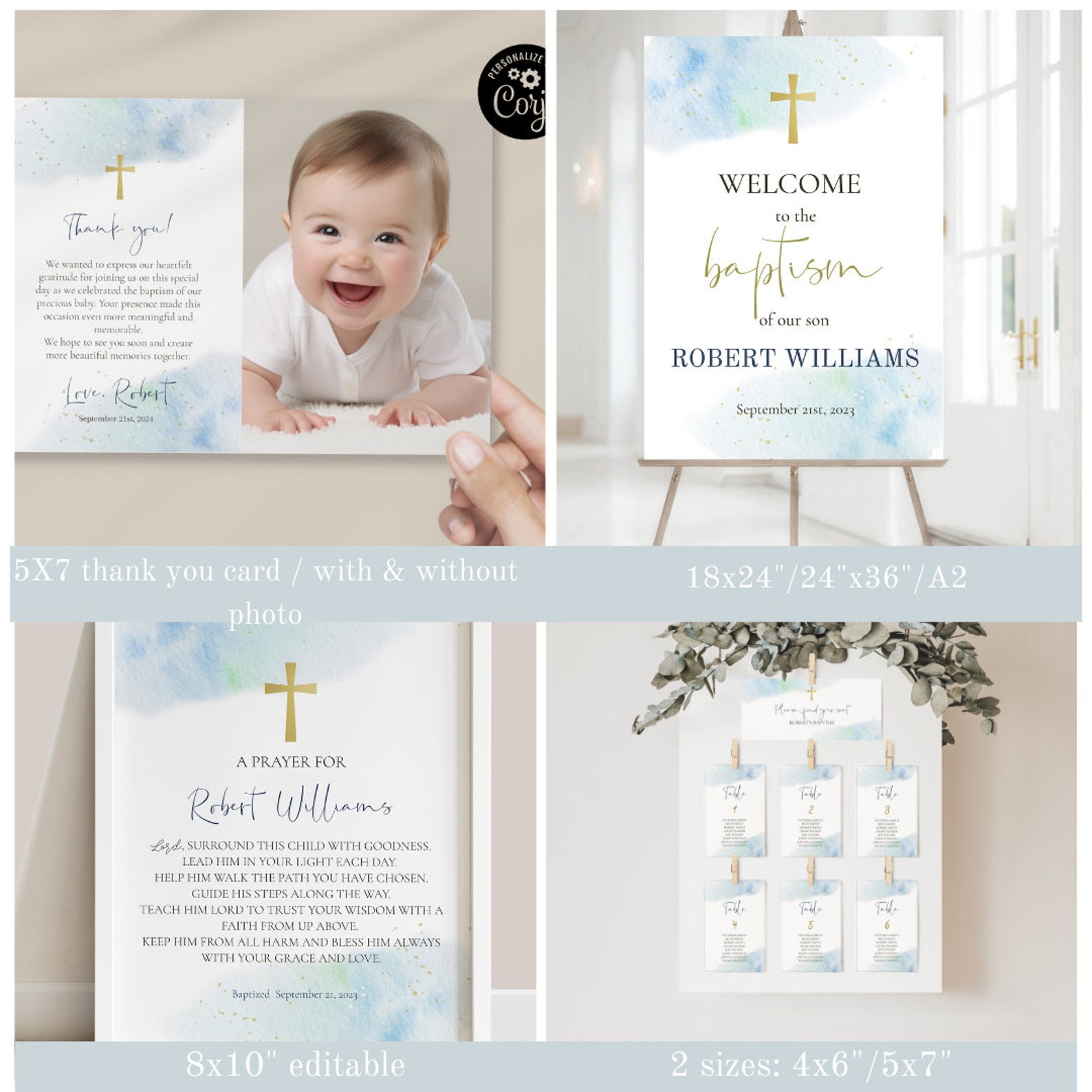 Blue Watercolor Baptism Invitation: Gold Cross (digital Download) - Etsy