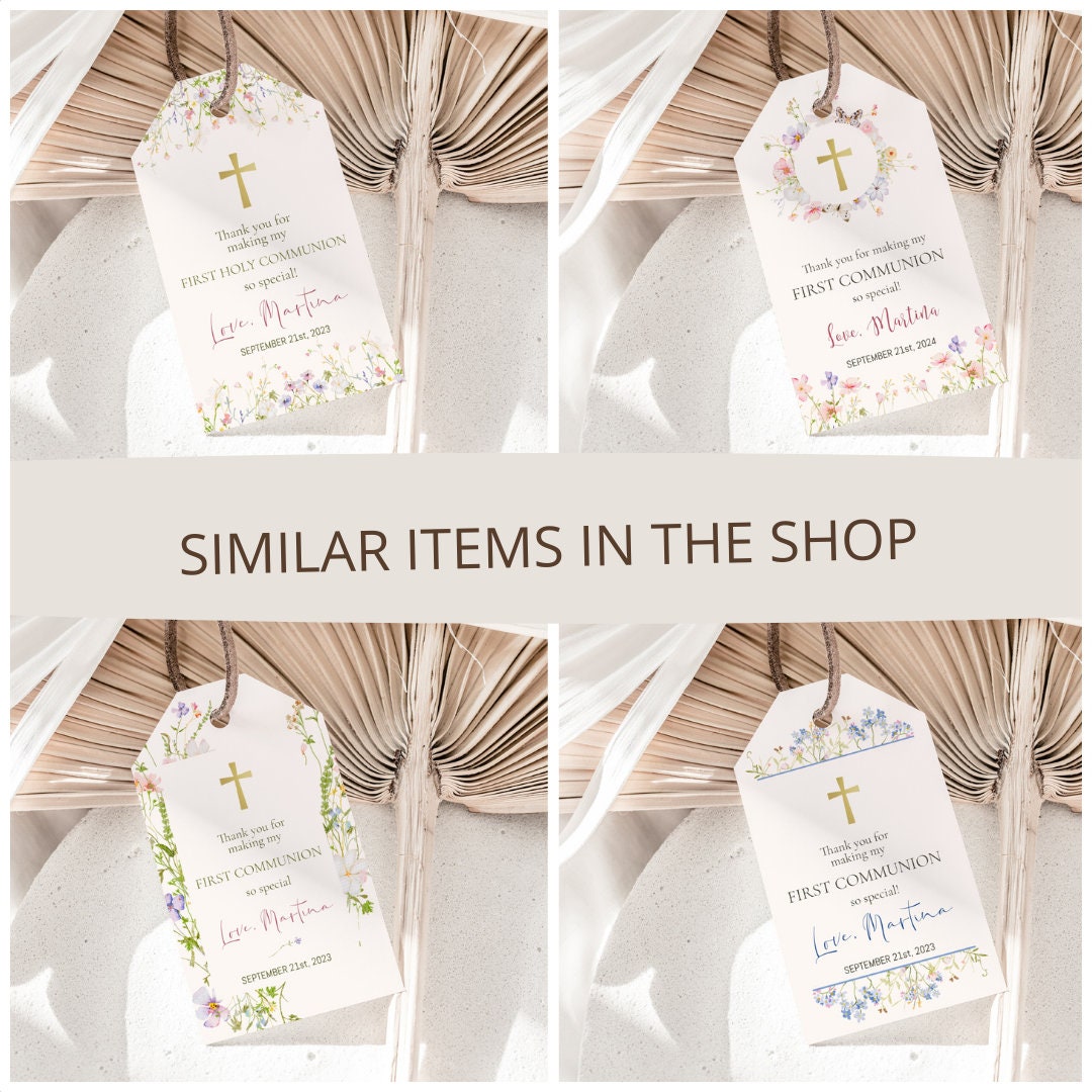 First Communion Favor Tags Template, Floral Holy Communion Thank You ...