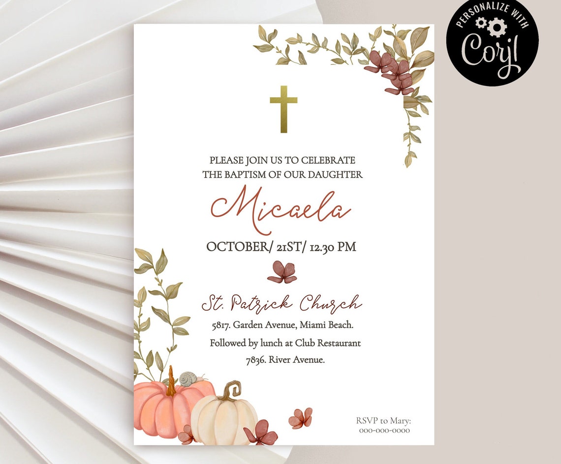 Editable Pumpkin Fall Baptism Invitation, Autumn Baptism Invite for ...